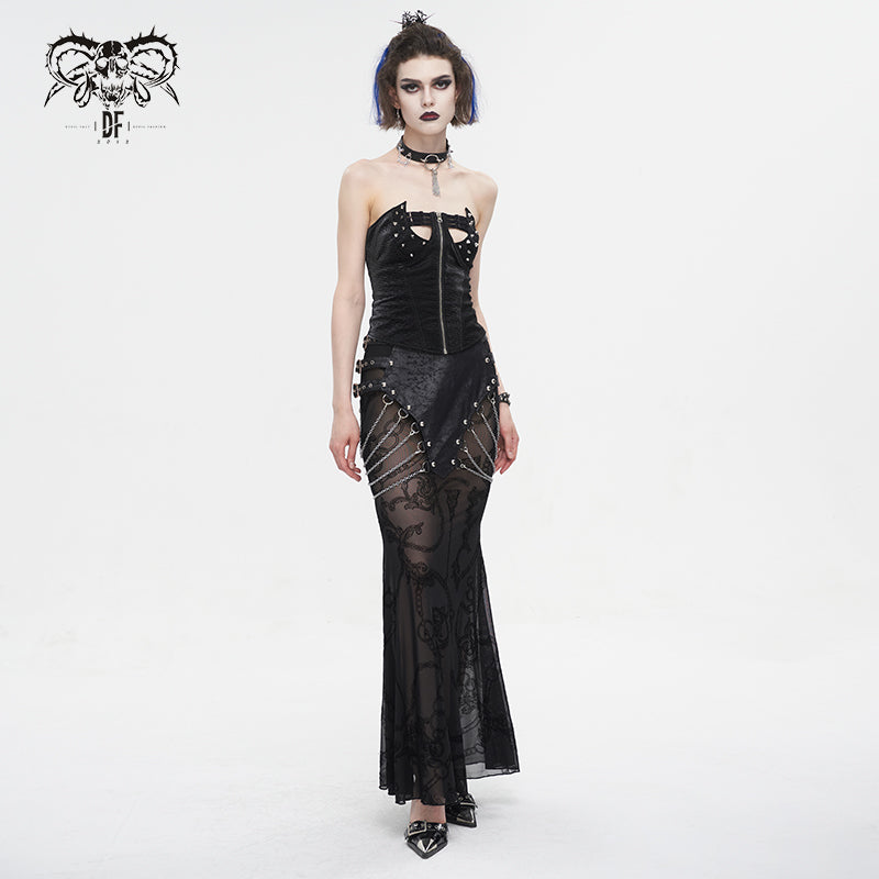 SKT181 Real two piece crackle leather flocked mesh fishtail skirt with ...