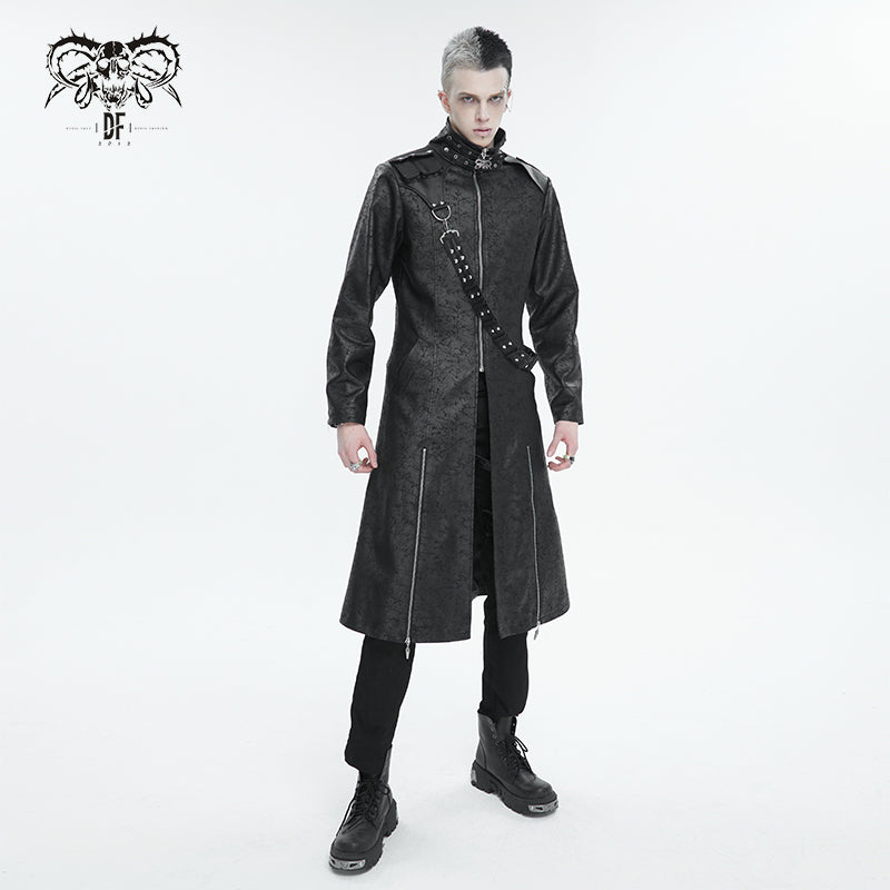 CT209 Cracked Faux Leather Men's Long Coat With Hanging Rivets studded ...