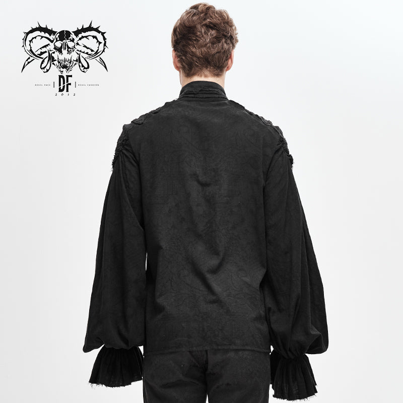 SHT04801 steampunk puff sleeve dark grain jacquard cotton and linen me ...